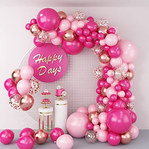 150PCS Pink Balloons Garland Arch Kit, 18 12 10 5 inch Hot Pink Metallic Rose Gold and Confetti Balloons Garland, Barbie Balloons Arch for Princess Birthday Party Wedding Baby Bridal Shower Engagement