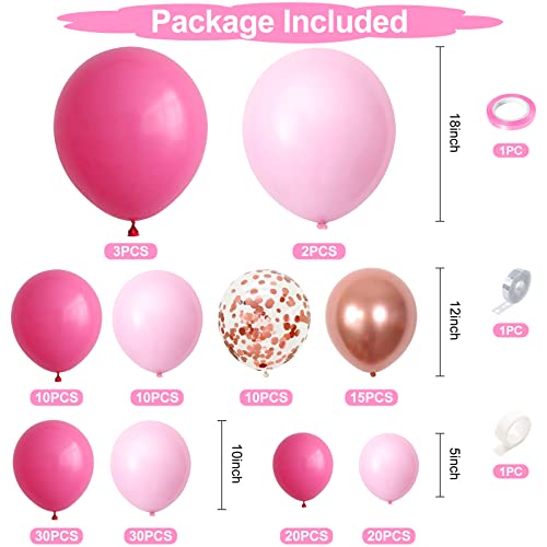 150PCS Pink Balloons Garland Arch Kit, 18 12 10 5 inch Hot Pink Metallic Rose Gold and Confetti Balloons Garland, Barbie Balloons Arch for Princess Birthday Party Wedding Baby Bridal Shower Engagement