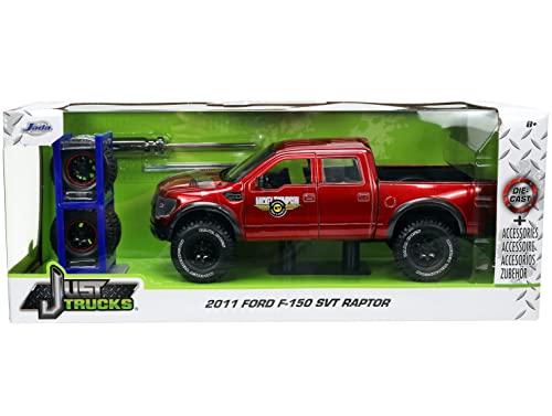 Jada Toys Just Trucks 1:24 2011 Ford SVT Raptor Die-cast Car Red with Tire Rack, Toys for Kids and Adults