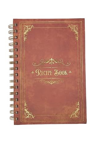 A5 (5.5” x 8.5”) Recipe Book to Write in Your Own Recipes, Durable Gloss Laminated Cover, Gold Spiral Binder, Gold Leaf Vintage Leather Look, 100 Pages Paper, Family Heirloom Keepsake