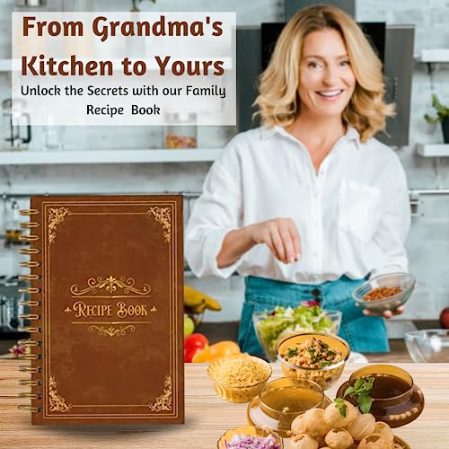 A5 (5.5” x 8.5”) Recipe Book to Write in Your Own Recipes, Durable Gloss Laminated Cover, Gold Spiral Binder, Gold Leaf Vintage Leather Look, 100 Pages Paper, Family Heirloom Keepsake