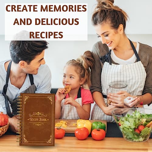 A5 (5.5” x 8.5”) Recipe Book to Write in Your Own Recipes, Durable Gloss Laminated Cover, Gold Spiral Binder, Gold Leaf Vintage Leather Look, 100 Pages Paper, Family Heirloom Keepsake