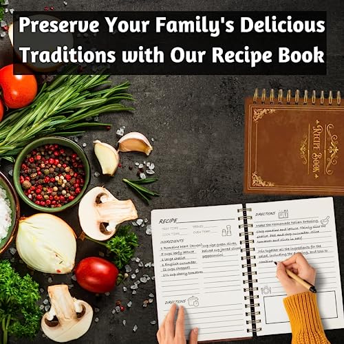 A5 (5.5” x 8.5”) Recipe Book to Write in Your Own Recipes, Durable Gloss Laminated Cover, Gold Spiral Binder, Gold Leaf Vintage Leather Look, 100 Pages Paper, Family Heirloom Keepsake