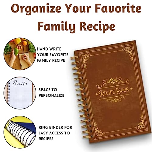 A5 (5.5” x 8.5”) Recipe Book to Write in Your Own Recipes, Durable Gloss Laminated Cover, Gold Spiral Binder, Gold Leaf Vintage Leather Look, 100 Pages Paper, Family Heirloom Keepsake