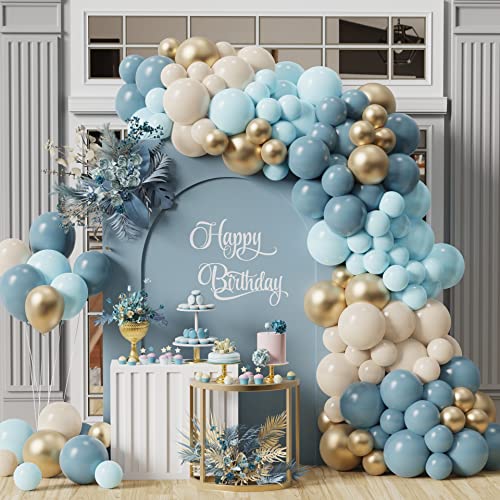 Dusty Blue Balloon Garland Arch Kit 165pcs White Sand Pastel Macaron Blue Ocean Blue Chrome Gold Balloon Boho Baby Shower Wedding Boy Birthday Decoration