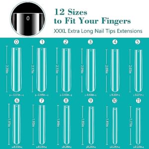 LIONVISON 3XL Clear Full Cover Nail Tips for Acrylic Nails Professional, 240PCS Extra Long Tapered Square, 12 Sizes Straight Press On Gel Nail Tips for Nail Salons Home DIY