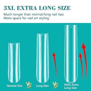 LIONVISON 3XL Clear Full Cover Nail Tips for Acrylic Nails Professional, 240PCS Extra Long Tapered Square, 12 Sizes Straight Press On Gel Nail Tips for Nail Salons Home DIY