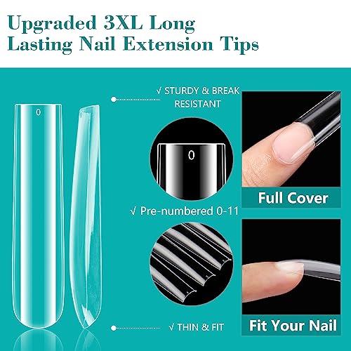 LIONVISON 3XL Clear Full Cover Nail Tips for Acrylic Nails Professional, 240PCS Extra Long Tapered Square, 12 Sizes Straight Press On Gel Nail Tips for Nail Salons Home DIY