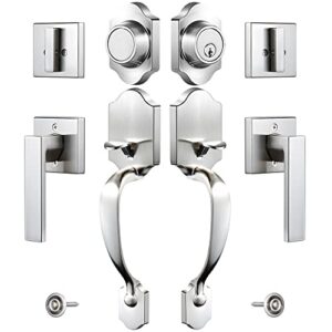 voltstorm front door lock set - double door handle sets with deadbolt, door lock with handle lever for right and left hand, double cylinder handleset satin nickel for front door entrance airbnb