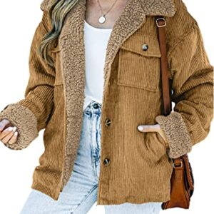 Dokotoo Stylish Women's Ladies Thick Sherpa Lined Warm Corduroy Jackets Classic Button Down Long Sleeve Comfy Teddy Bear Oversized Coat for Fall Winter with Side Pockets Brown S