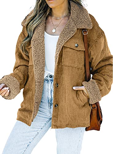 Dokotoo Stylish Women's Ladies Thick Sherpa Lined Warm Corduroy Jackets Classic Button Down Long Sleeve Comfy Teddy Bear Oversized Coat for Fall Winter with Side Pockets Brown S