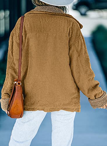 Dokotoo Stylish Women's Ladies Thick Sherpa Lined Warm Corduroy Jackets Classic Button Down Long Sleeve Comfy Teddy Bear Oversized Coat for Fall Winter with Side Pockets Brown S