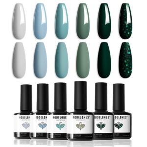 modelones blue green gel nail polish set - 6 colors misty gray dark green glitter gel polish kit sage green baby blue nail gel polish soak off led nail lamp gel nail kit diy home nails manicure gifts