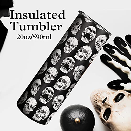 Ceovfoi Skull Skinny Tumblers,Vacuum Insulated Tumbler With Straw, 20 Oz Goth Skull Halloween CoffeeTravel Tumbler, Skull Decor Gift