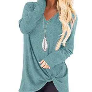 SimpleFun Long Sleeve Tee Shirts for Women Loose Fit V-neck Fall Knotted Sexy Tops with Sleeves Light Green M