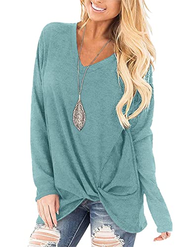 SimpleFun Long Sleeve Tee Shirts for Women Loose Fit V-neck Fall Knotted Sexy Tops with Sleeves Light Green M