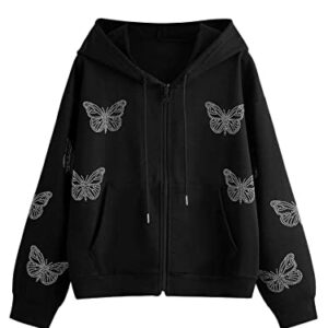 SweatyRocks Women's Butterfly Rhinestone Zip Up Hoodie Black L