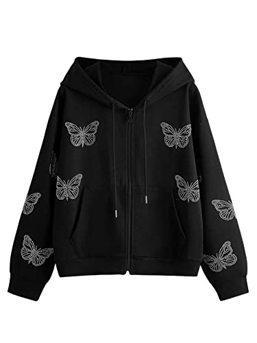 SweatyRocks Women's Butterfly Rhinestone Zip Up Hoodie Black L