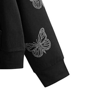 SweatyRocks Women's Butterfly Rhinestone Zip Up Hoodie Black L