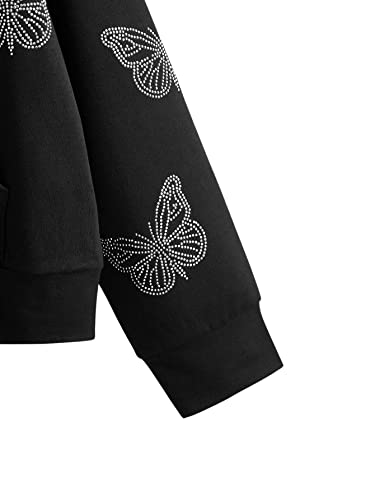 SweatyRocks Women's Butterfly Rhinestone Zip Up Hoodie Black L