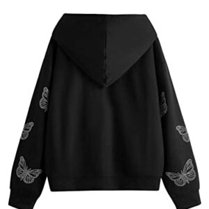 SweatyRocks Women's Butterfly Rhinestone Zip Up Hoodie Black L