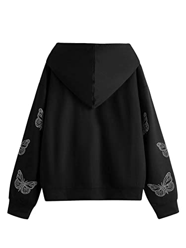 SweatyRocks Women's Butterfly Rhinestone Zip Up Hoodie Black L