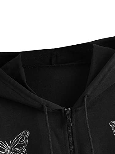 SweatyRocks Women's Butterfly Rhinestone Zip Up Hoodie Black L