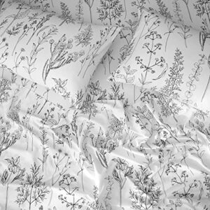 HYPREST Floral Sheets Queen Size,18 inches Deep Pocket Sheets, 1800 Thread Count Black and White Leaf Floral Bed Sheets Soft Breathable Cute Aesthetic Shabby Chic Bed Sheets, Oeko-Tex Certificated.