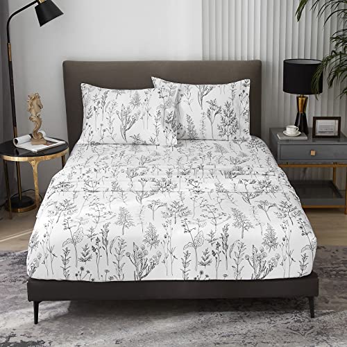 HYPREST Floral Sheets Queen Size,18 inches Deep Pocket Sheets, 1800 Thread Count Black and White Leaf Floral Bed Sheets Soft Breathable Cute Aesthetic Shabby Chic Bed Sheets, Oeko-Tex Certificated.