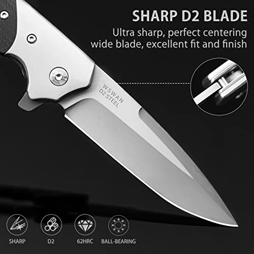 NedFoss Pocket Knife for Men, 3.5 inch D2 Steel Folding Knife with Clip, G10 Handle, Safety Liner Lock, Large Sharp Pocket Knives for Hiking, Outdoor, Mens Gift