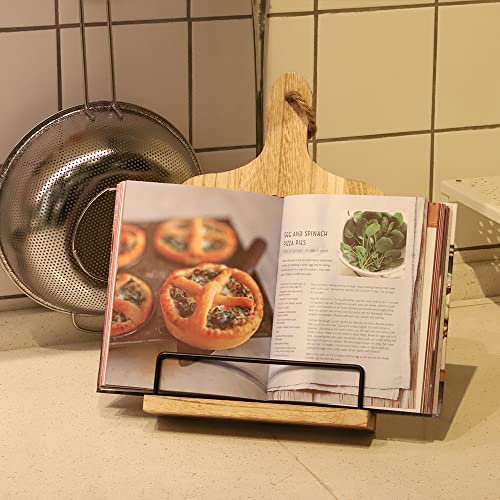 Cookbook Stand Recipe Book Holder, Adjustable Cook Book Stand for Kitchen Counter, Rustic Wood Cutting Board Style by Witsbrez (Natural Wood)