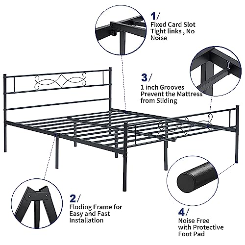 VECELO 14" Full Size Metal Platform Bed Frame with Headboard,Premium Steel Slat Support No Box Spring Needed,Noise-Free Anti-Slip,Easy Assembly