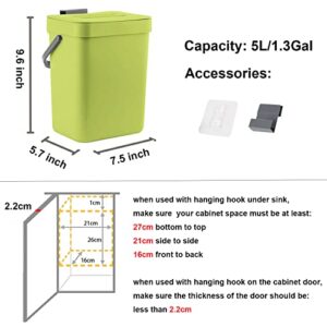 LALASTAR Small Plastic Trash Can, Hanging Small Trash Can with Lid Under Sink for Kitchen, Food Waste Bin for Countertop, Mountable Garbage Can for Bathroom, RV, 5L/1.3 Gal, Green