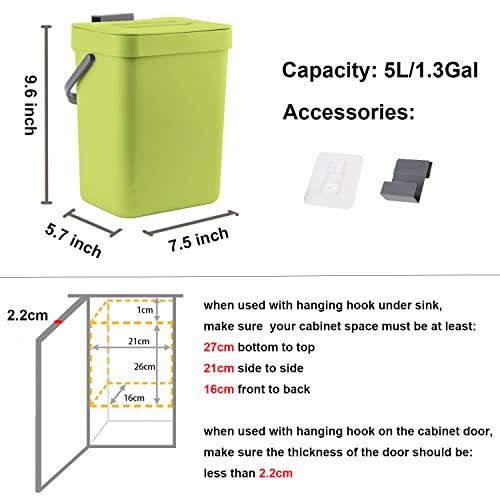 LALASTAR Small Plastic Trash Can, Hanging Small Trash Can with Lid Under Sink for Kitchen, Food Waste Bin for Countertop, Mountable Garbage Can for Bathroom, RV, 5L/1.3 Gal, Green