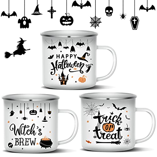 3 Pieces Halloween Coffee Mugs 16 oz Enamel Mugs Witch's Brew Trick or Treat Happy Halloween Coffee Cups Nice Present for Friend, Mom, Sister, Coworker (Bat Style)