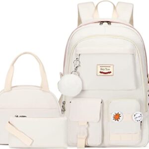 Hey Yoo School Backpack for Girls Backpack with Lunch Box Teen Girl Backpack Set Cute School Bag Bookbag for Teen Girls (White)