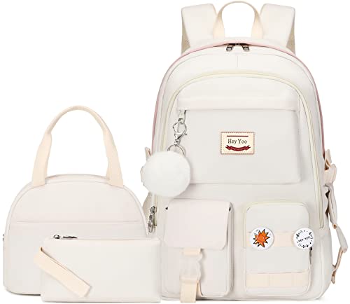 Hey Yoo School Backpack for Girls Backpack with Lunch Box Teen Girl Backpack Set Cute School Bag Bookbag for Teen Girls (White)