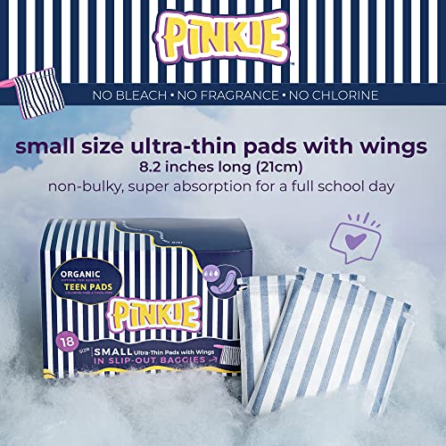 Pinkie Period Pads for Tweens & Teens - Designed for Smaller Underwear - Organic Cotton Topsheet Teen Pads with Wings - Chlorine Free - Teen Small, 18 Count