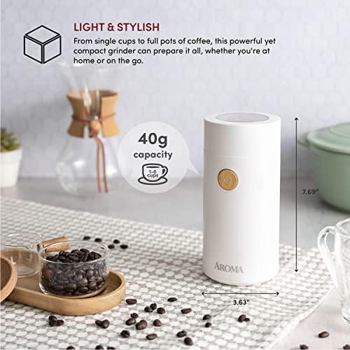 Aroma Housewares Mini Coffee Grinder and Electric Herb Grinder with 304 Stainless Steel Grinding Blades and a See-through Lid (40 g.), White, 40g