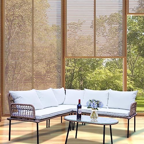 Homsido 4 Pieces Patio Sectional Furniture Set Boho Rope Porch Water-Resistant Outdoor Indoor Wicker Corner Sectional Sofa Beige Woven PE Rattan Conversation Chat Set with Rect Coffee Table