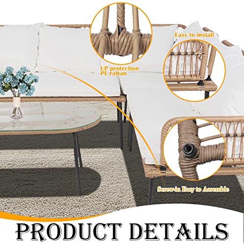 Homsido 4 Pieces Patio Sectional Furniture Set Boho Rope Porch Water-Resistant Outdoor Indoor Wicker Corner Sectional Sofa Beige Woven PE Rattan Conversation Chat Set with Rect Coffee Table