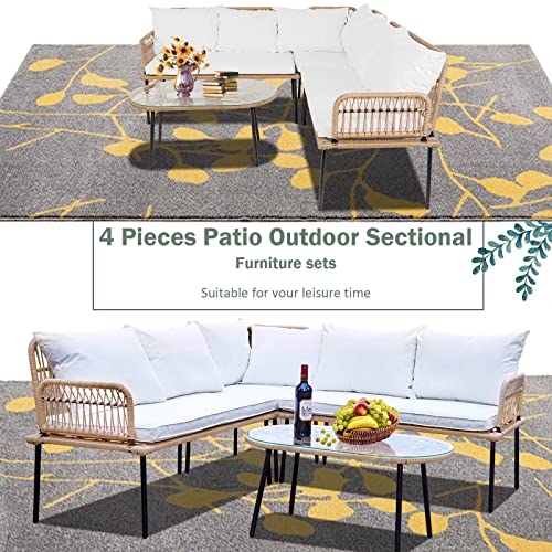 Homsido 4 Pieces Patio Sectional Furniture Set Boho Rope Porch Water-Resistant Outdoor Indoor Wicker Corner Sectional Sofa Beige Woven PE Rattan Conversation Chat Set with Rect Coffee Table