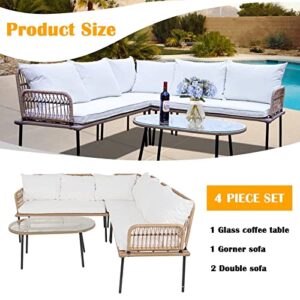 Homsido 4 Pieces Patio Sectional Furniture Set Boho Rope Porch Water-Resistant Outdoor Indoor Wicker Corner Sectional Sofa Beige Woven PE Rattan Conversation Chat Set with Rect Coffee Table