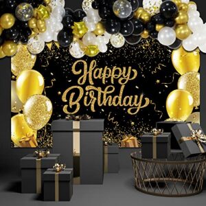 Rubfac Black and Gold Birthday Decorations Happy Birthday Backdrop with 120pcs Black and Gold Balloon Garland Kit Photo Backdrop Background for Birthday Party Decoration Supplies