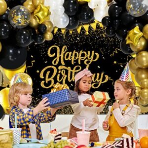 Rubfac Black and Gold Birthday Decorations Happy Birthday Backdrop with 120pcs Black and Gold Balloon Garland Kit Photo Backdrop Background for Birthday Party Decoration Supplies