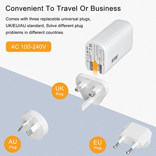 65W USB C Charger, Etre Jeune 3-Port GaN Charger PD & QC3.0 Fast Charger Compact Foldable Wall Charger Compatible with Mac Book Pro/Air, iPad Pro, World Travel Adapter Kit US to UK, EU, AU