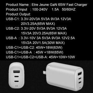 65W USB C Charger, Etre Jeune 3-Port GaN Charger PD & QC3.0 Fast Charger Compact Foldable Wall Charger Compatible with Mac Book Pro/Air, iPad Pro, World Travel Adapter Kit US to UK, EU, AU