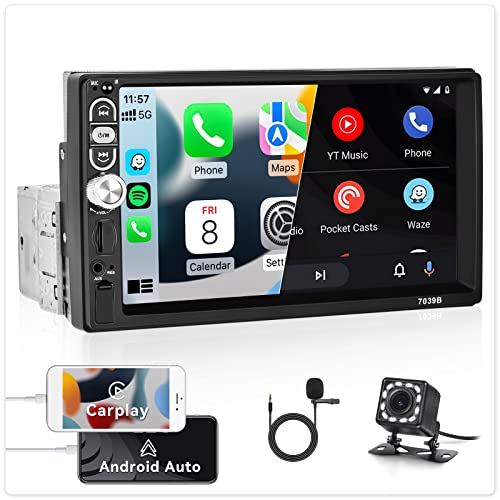 Single Din Apple Carplay Car Stereo Android Auto, 7”Touch Screen Car Radio with Bluetooth FM Radio iOS/Android Mirror Link TF/USB/AUX Input 1 Din Head Unit Receiver+ Backup Camera + Mic