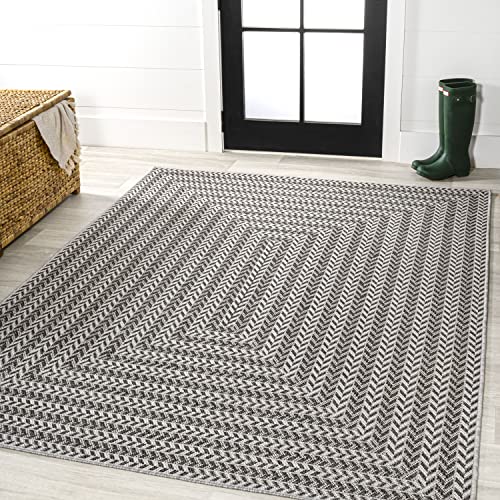 JONATHAN Y SMB206B-4 Chevron Modern Concentric Squares Braided Indoor Outdoor Area-Rug, Farmhouse, Traditional Easy-Clean,Bedroom,Kitchen,Backyard,Patio,Non Shedding, Black/Light Gray, 4 X 6