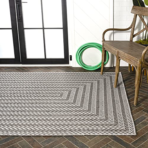 JONATHAN Y SMB206B-4 Chevron Modern Concentric Squares Braided Indoor Outdoor Area-Rug, Farmhouse, Traditional Easy-Clean,Bedroom,Kitchen,Backyard,Patio,Non Shedding, Black/Light Gray, 4 X 6